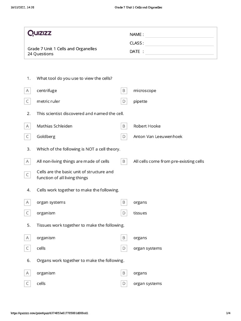 Grade 7 Cells and Organelles Quiz | PDF | Cell (Biology) | Organelle