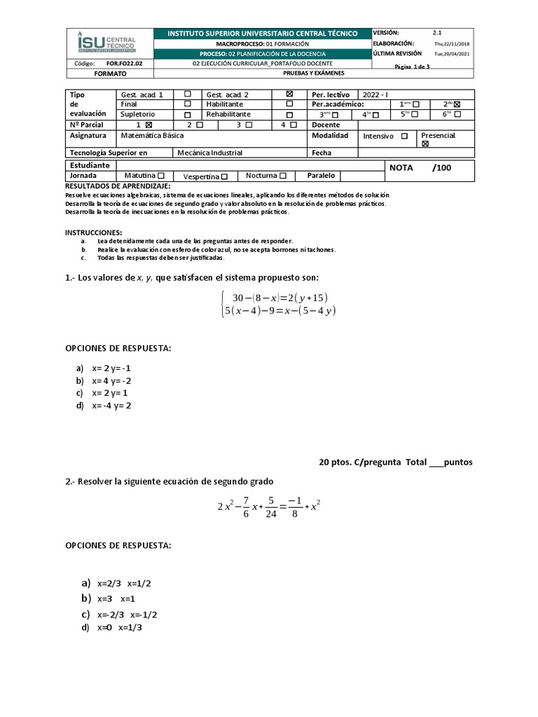 EVA01 Mate Basica | PDF | Ecuaciones | Álgebra