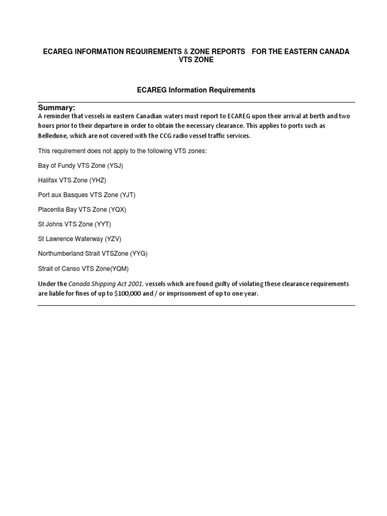 Reporting Requirements And Zone Reports For Vessels Transiting The