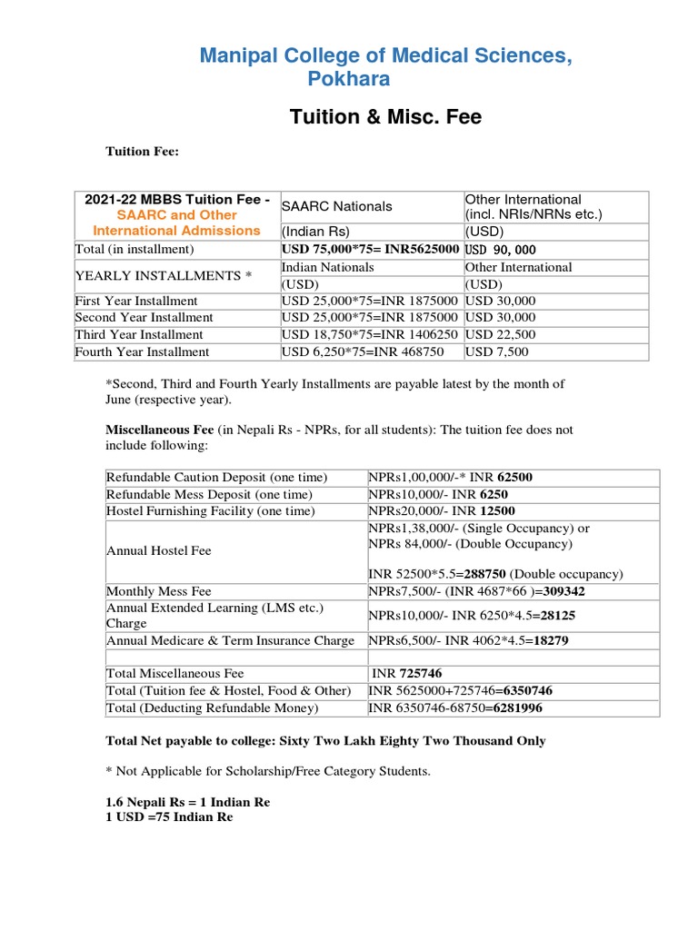 Manipal Fee 2021-2022 | PDF
