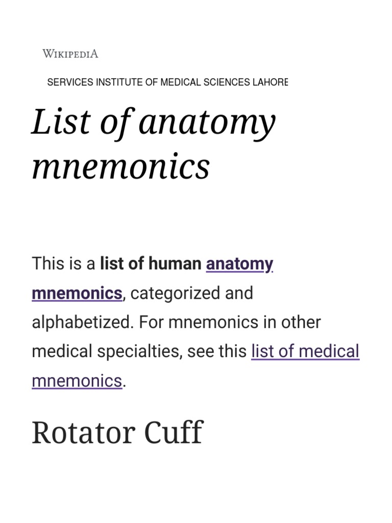 List of Anatomy Mnemonics - Wikipedia | PDF | Aorta | Arm