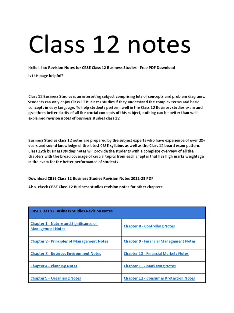 Class 12 Business Studies Notes | PDF
