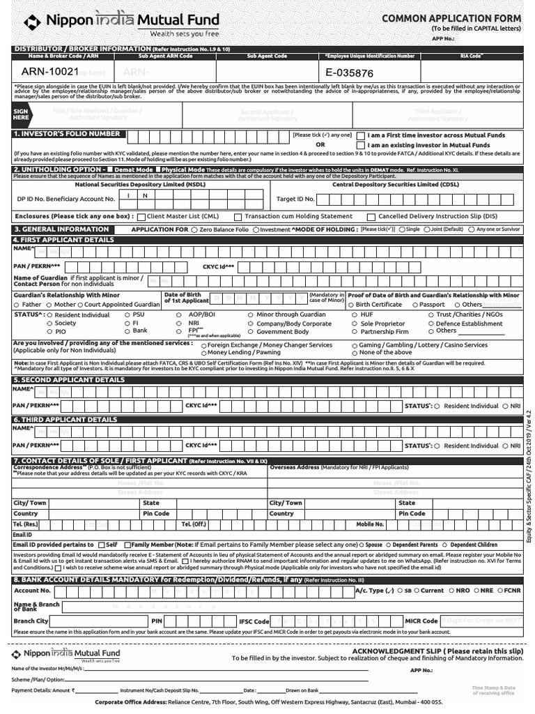 Nippon India Common Application & Sip Form | PDF | Economies ...