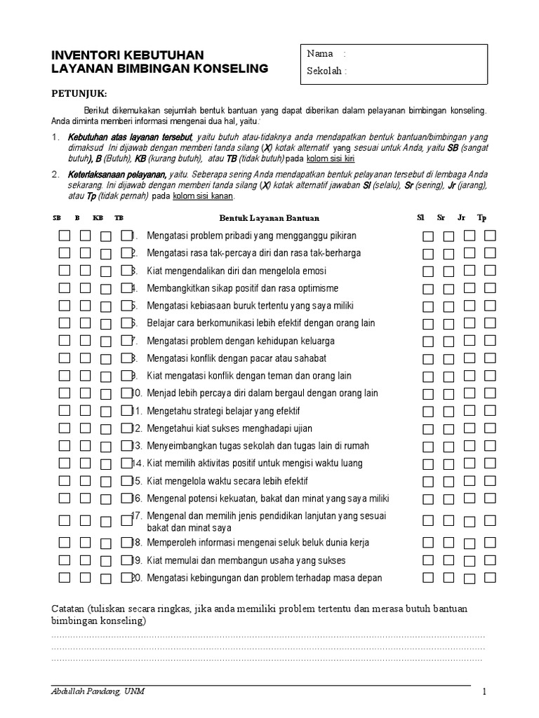 Angket Asesmen Kebutuhan Pelayanan BK-rev | PDF