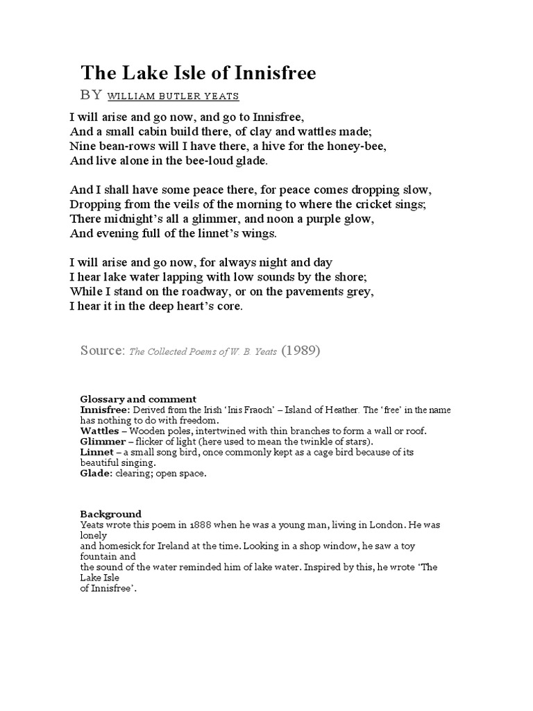 The Lake Isle of Innisfree | PDF | W. B. Yeats | Poetry