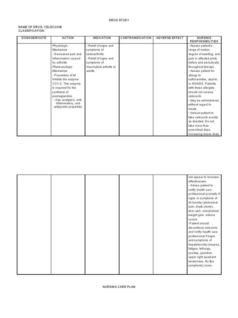 Drug Study Name of Drug: Celecoxib Classification: Dosage/Route Action ...
