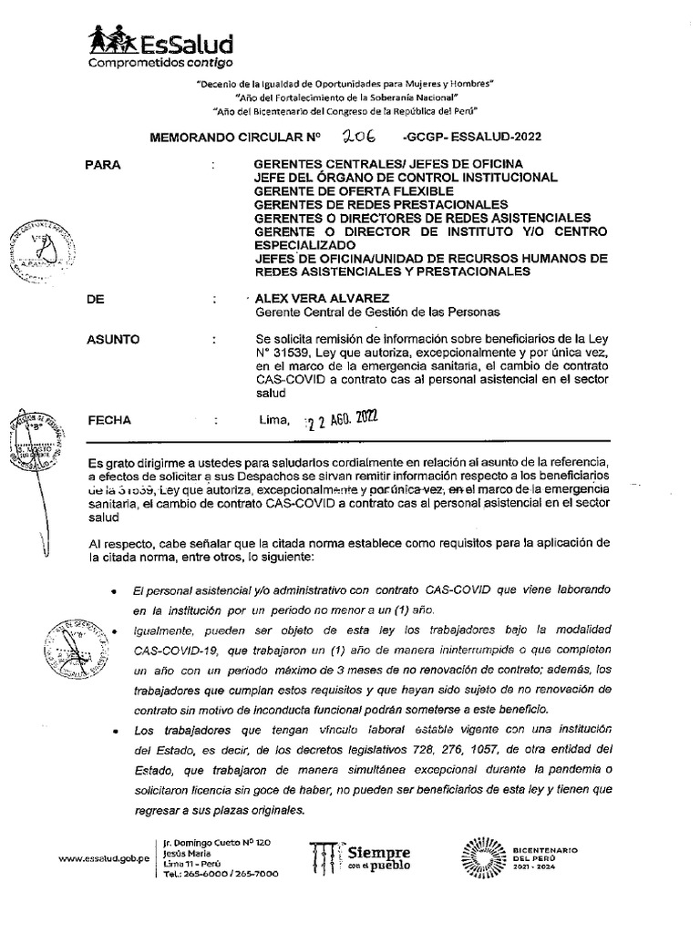 Memorando Circular #206-Gcgp-Essalud-2022 | PDF