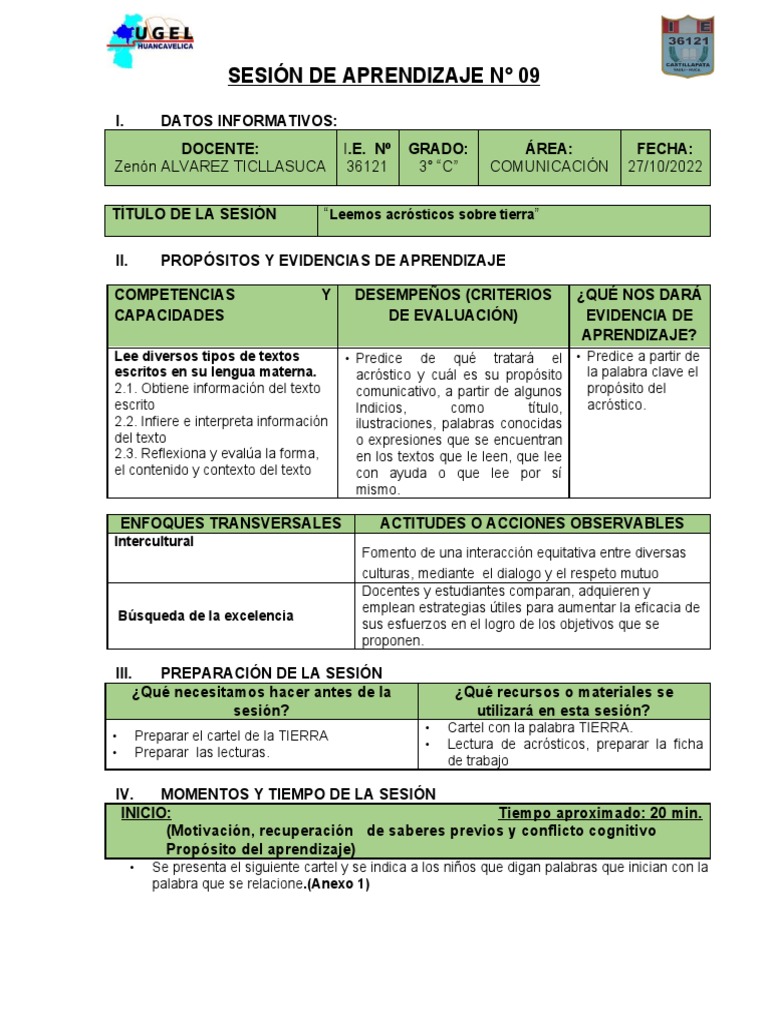 Sesión #09 Comunicación (Leemos Acrosticos) | PDF | Evaluación | Aprendizaje
