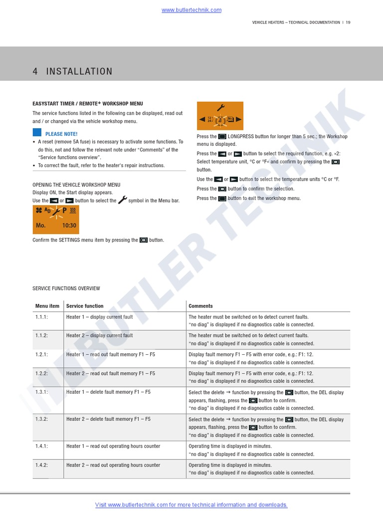 Eberspacher EasyStart Timer - Diagnostic Workshop Menu (Fault Code ...