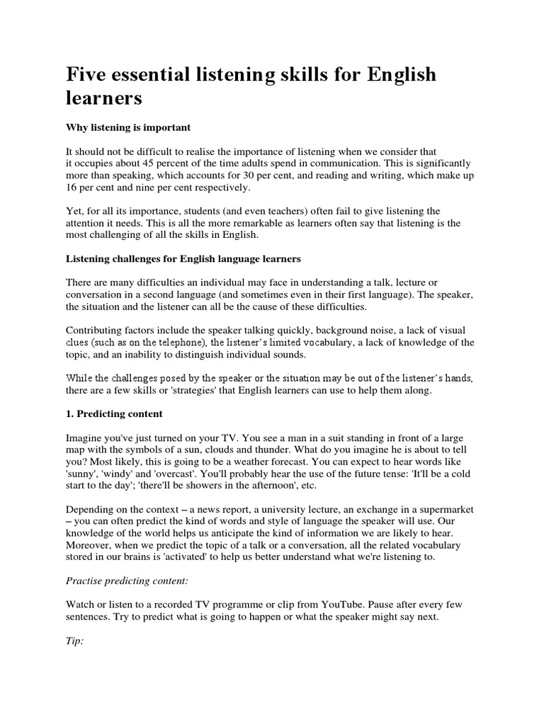 Five Essential Listening Skills For English Learners | PDF | Learning | Human Communication
