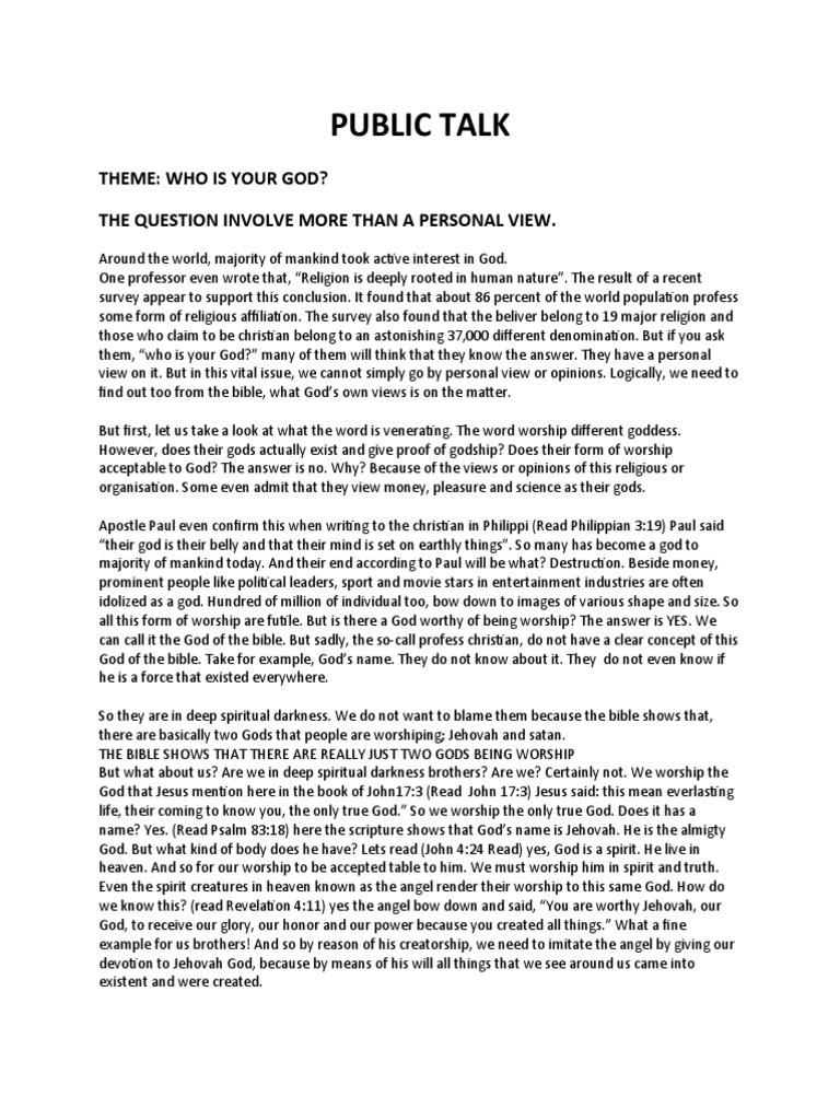 Public Talk Theme Who Is Your God The Qu | PDF | God | Worship