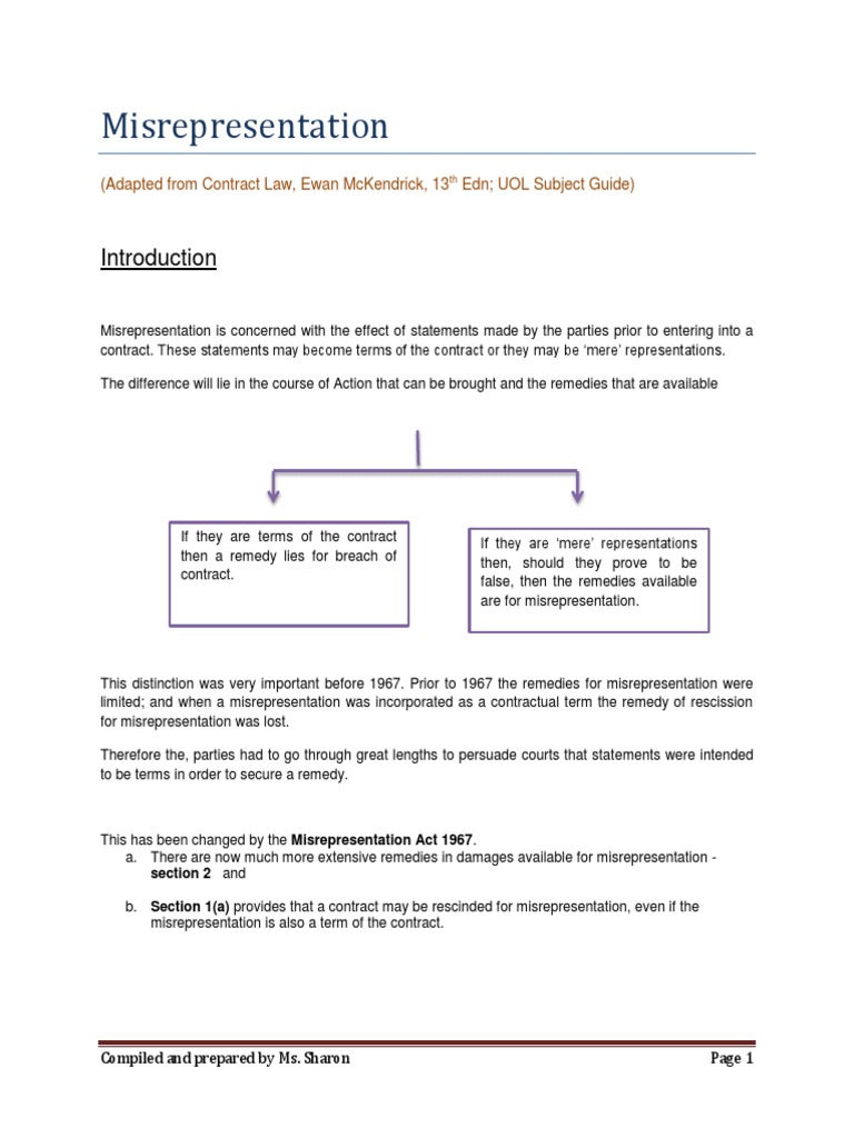 Contract Law - Misrepresentation - SC | PDF | Misrepresentation | Damages Contract Law - Misrepresentation - SC | PDF | Misrepresentation | Damages