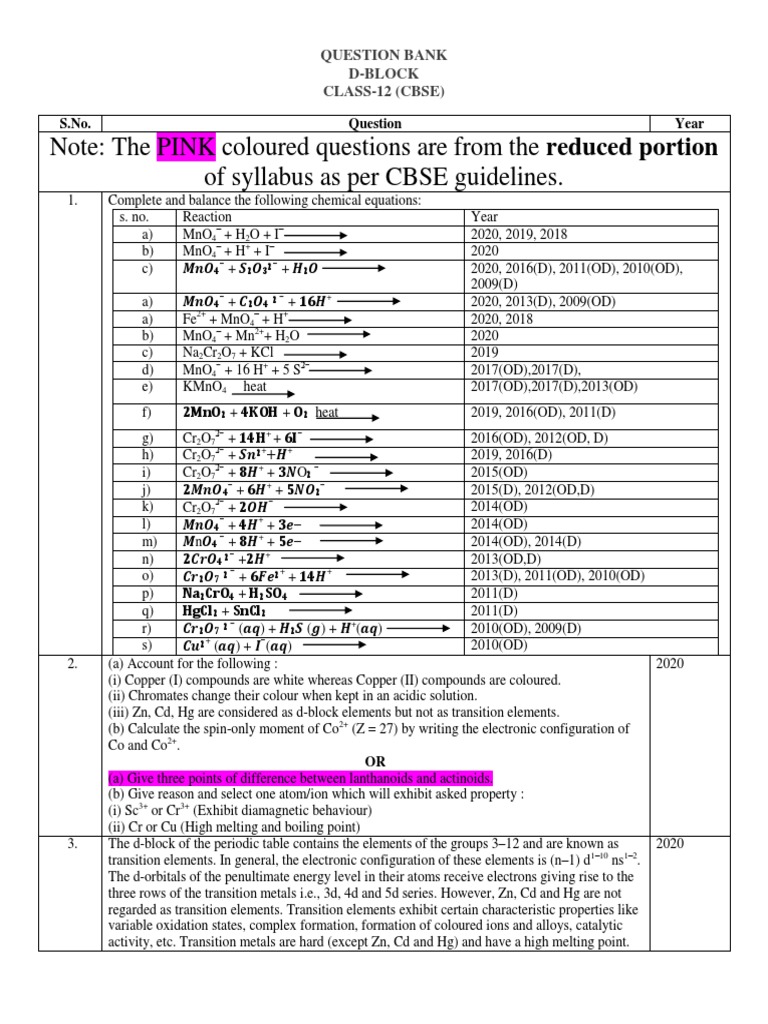 Unit 8 D Block AND F BLOCK QN BANK | PDF | Transition Metals | Lanthanide