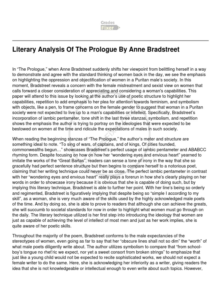 Literary Analysis of The Prologue by Anne Bradstreet | PDF | Poetry ...
