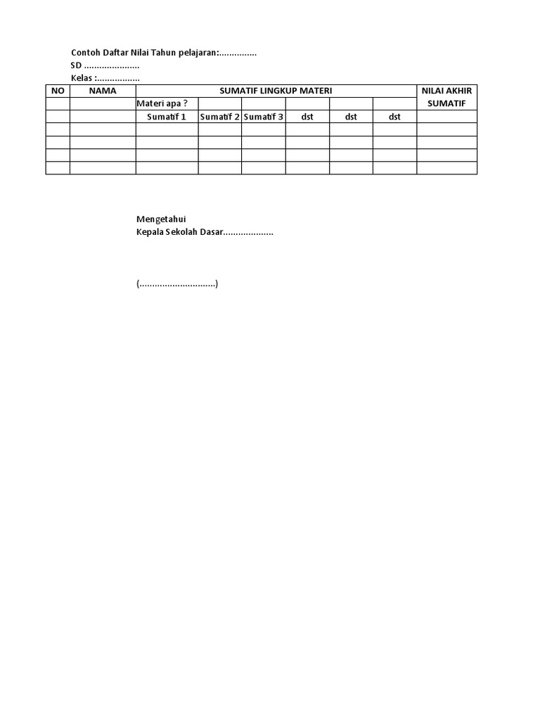 Contoh Daftar Nilai | PDF