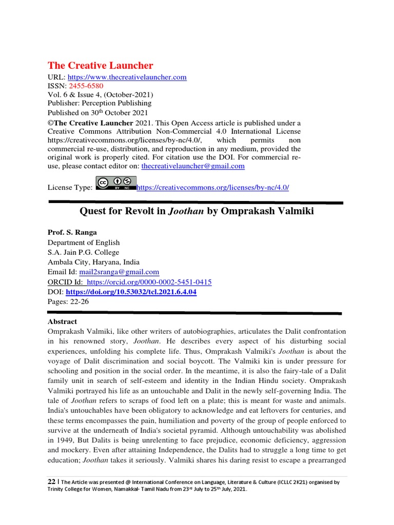 Quest For Revolt in Joothan by Omprakash Valmiki | PDF | Dalit