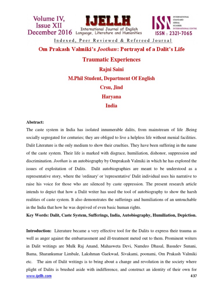 Om Prakash Valmiki S Joothan Portrayal o | PDF | Dalit