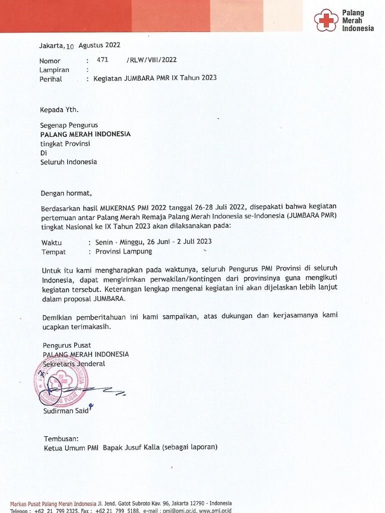 Surat Edaran JUMBARA PMR Tingkat Nasional Ke IX Tahun 2023 | PDF