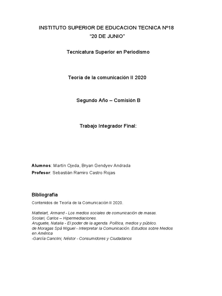 TP Integrador | PDF | Estudios culturales | Medios de comunicación en masa