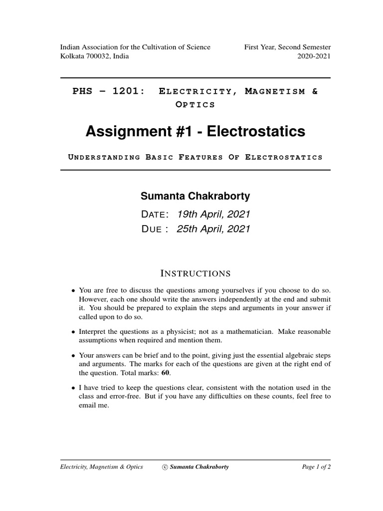 Phs 1201 Assignment 01 2021 | PDF | Electric Field | Sphere