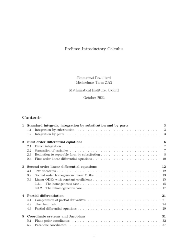 Prelims Intro Calc Lecture Notes Mt 2022 Pdf Ordinary Differential Equation Partial