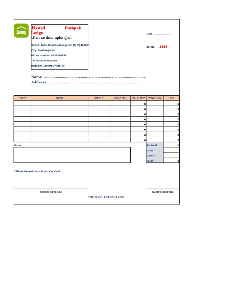 Hotel Bill Format in Excel | PDF