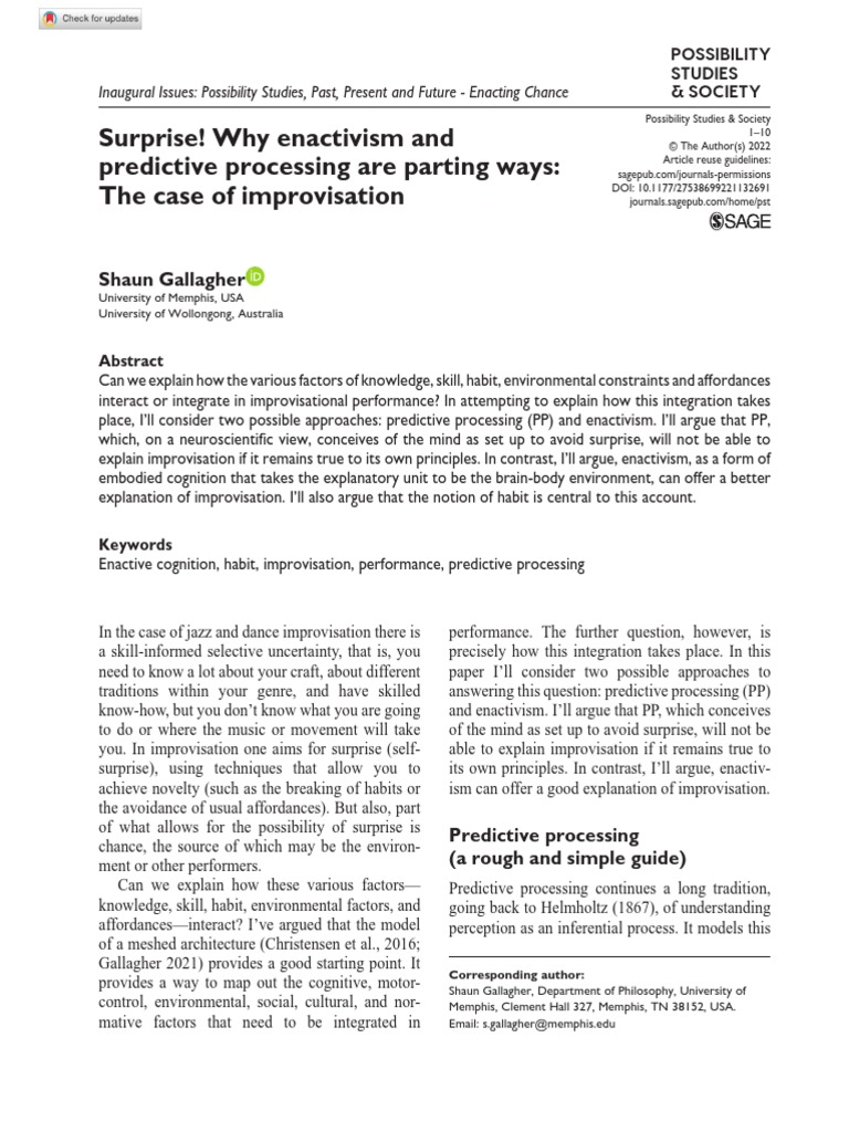 Surprise! Why Enactivism and Predictive Processing Are Parting Ways: The Case of Improvisation ...