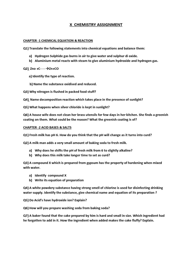 CBSE Class 10 Chemistry Worksheet - All Chapters | PDF