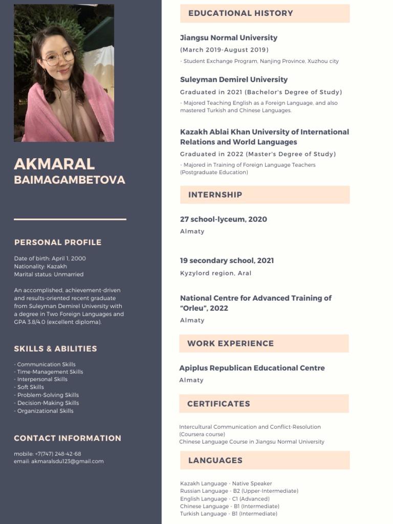 Akmaral B CV | PDF | Academic Degree | Educational Stages