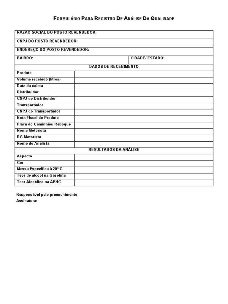 Formulário para Registro de Análise Da Qualidade | PDF