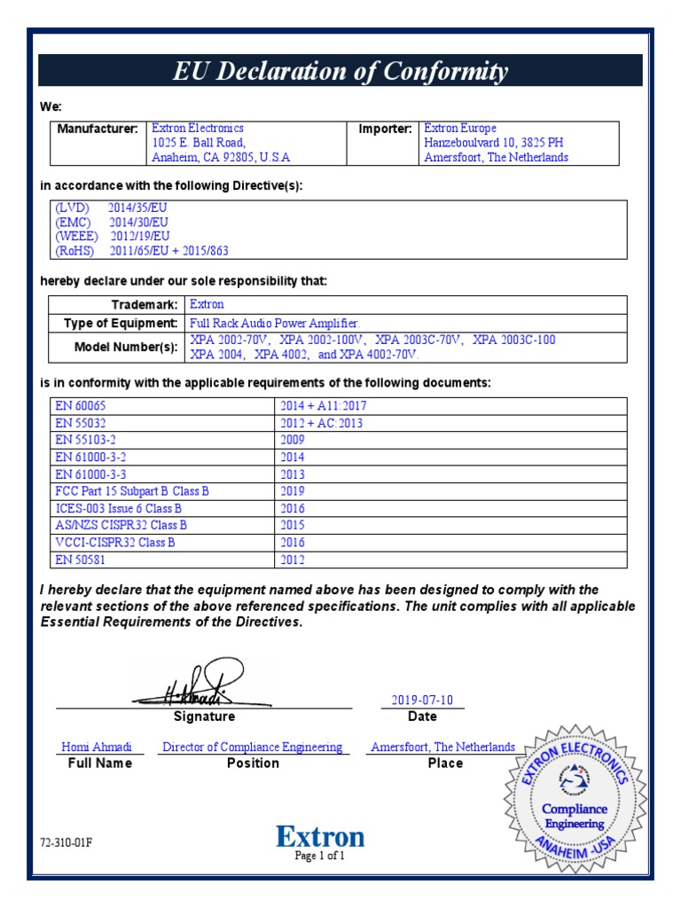 Extron XPA 2002 Compliance Declaration | PDF