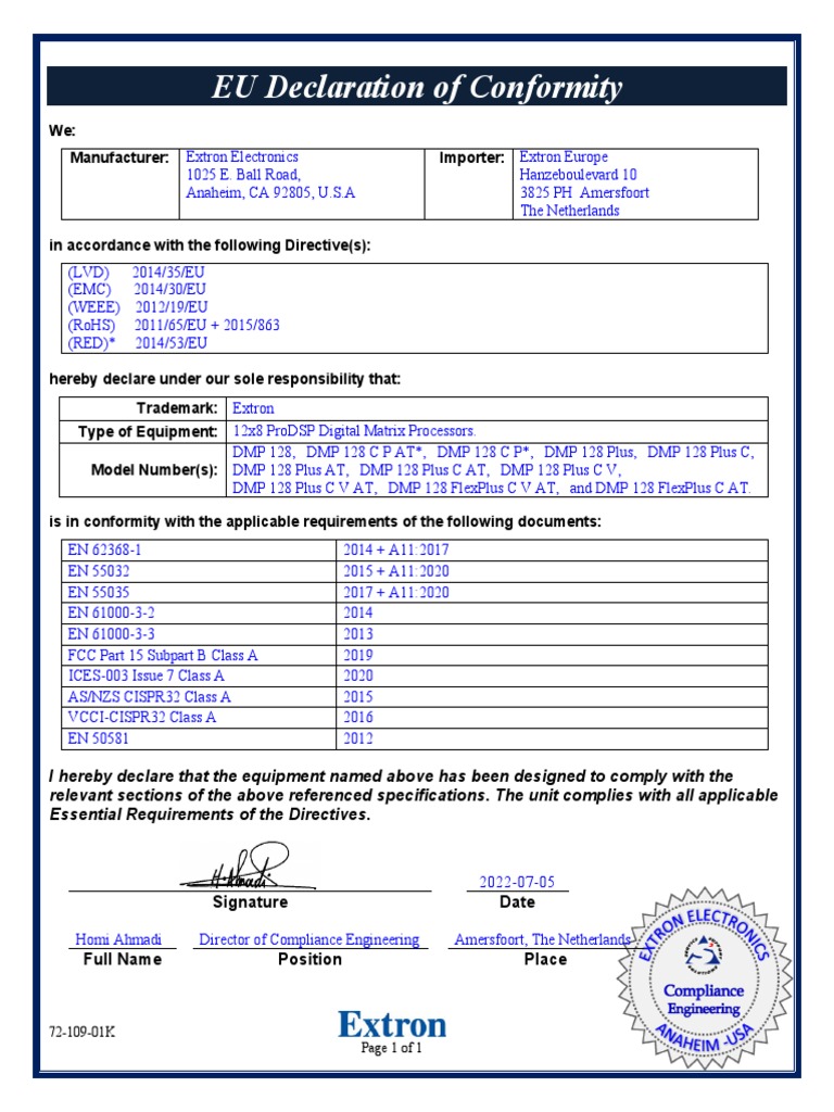 60-1512-01 Declaration of Conformity | PDF | Technology & Engineering