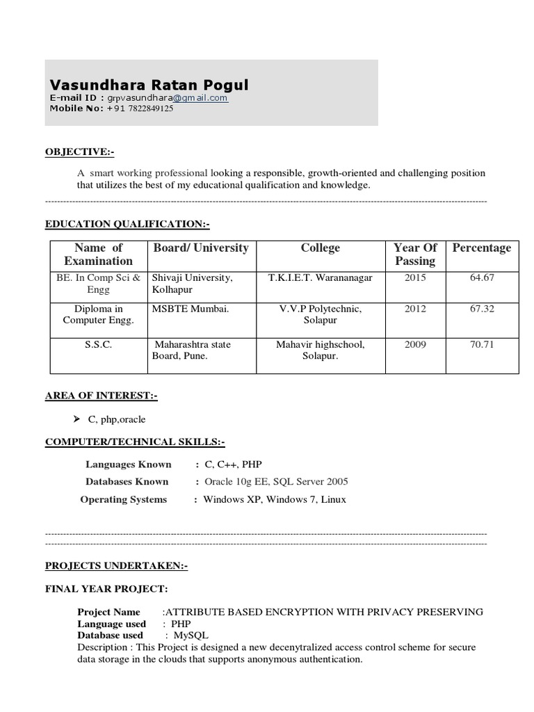Vasundhara Ratan Pogul: Name of Examination Board/ University College Year of Passing Percentage ...