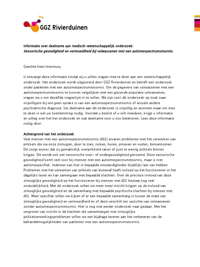 Informatie Deelname Onderzoek Naar Sensorische Gevoeligheid | PDF