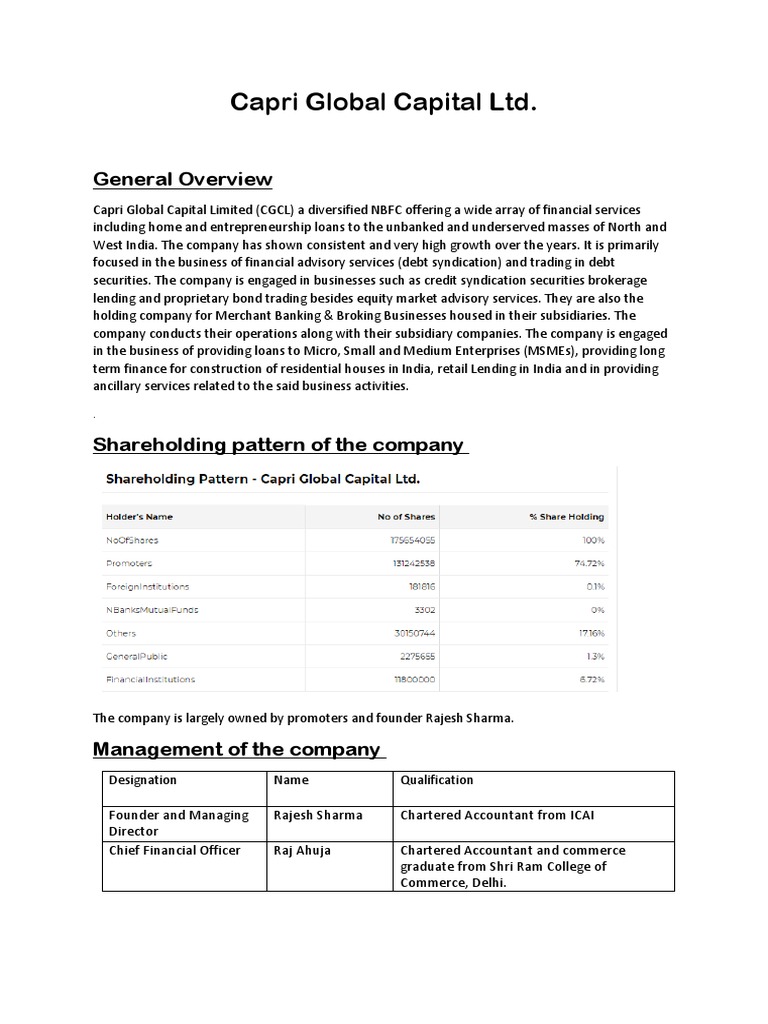Capri Global | PDF | Banks | Return On Investment