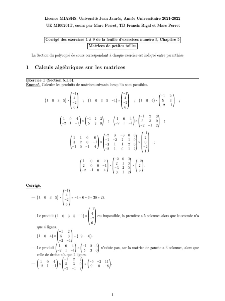 Exercices corrigés sur les matrices | PDF | Matrice (Mathématiques ...