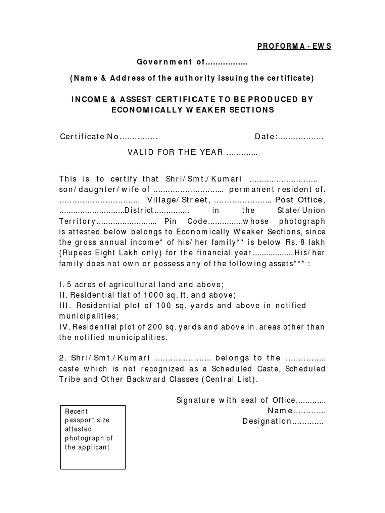 EWS-Certificate Proforma | PDF