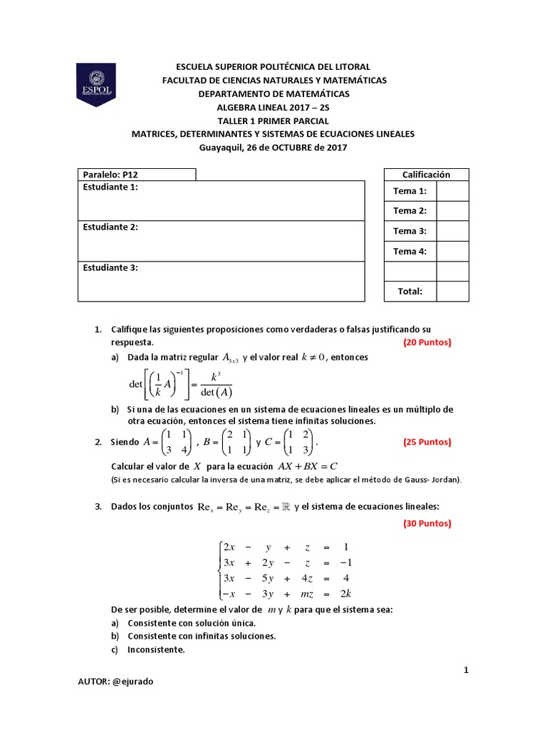 Taller1 Algebra Lineal Espol | PDF | Ecuaciones | Matriz (Matemáticas)