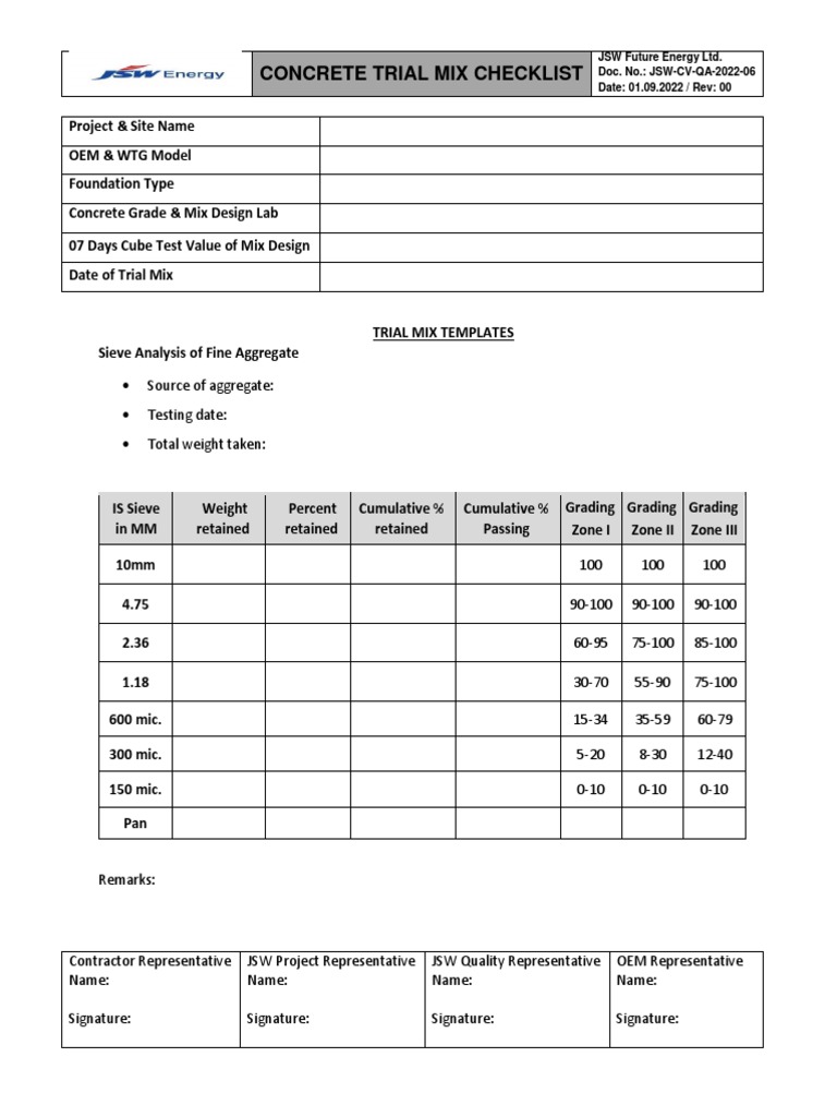 Concrete Trial Mix Checklist - 01.09.2022 | PDF | Concrete | Construction Aggregate