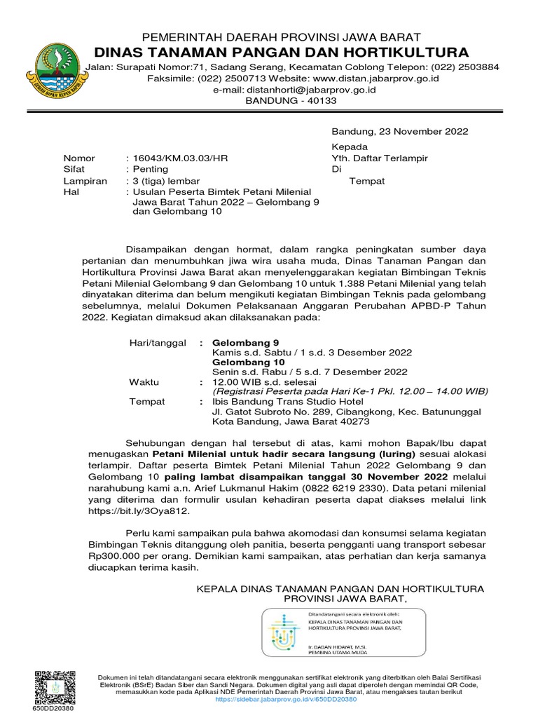 Surat Usulan Peserta Petani Milenial Gelombang 9 Dan 10 | PDF