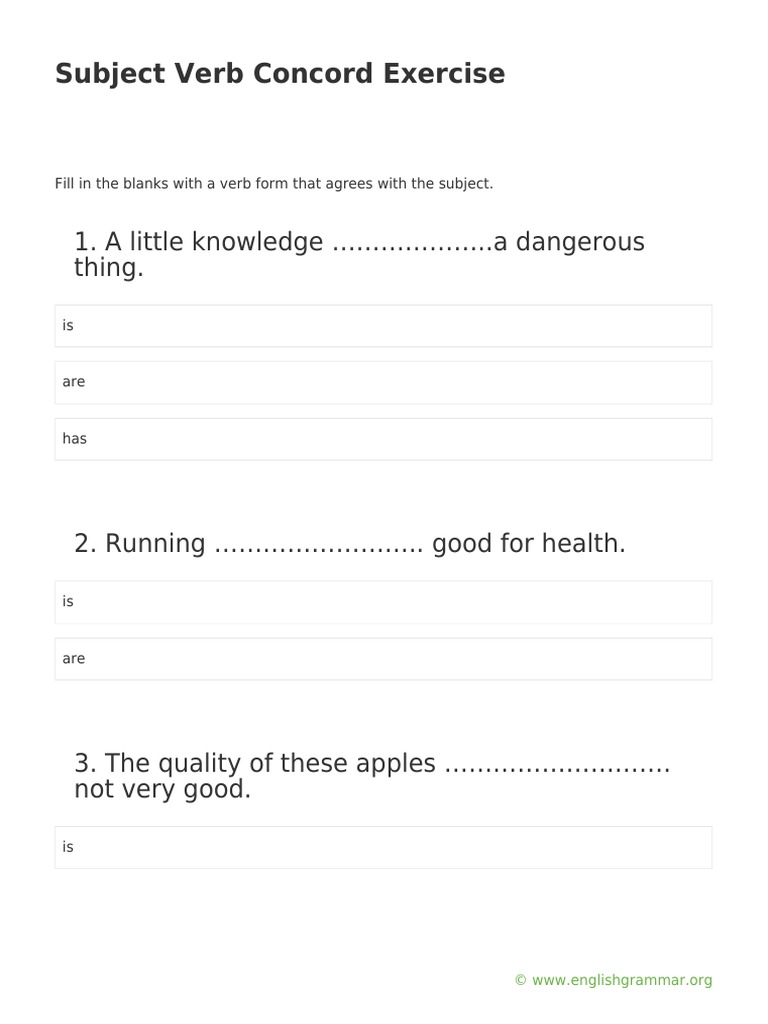 Subject Verb Concord Exercise | PDF