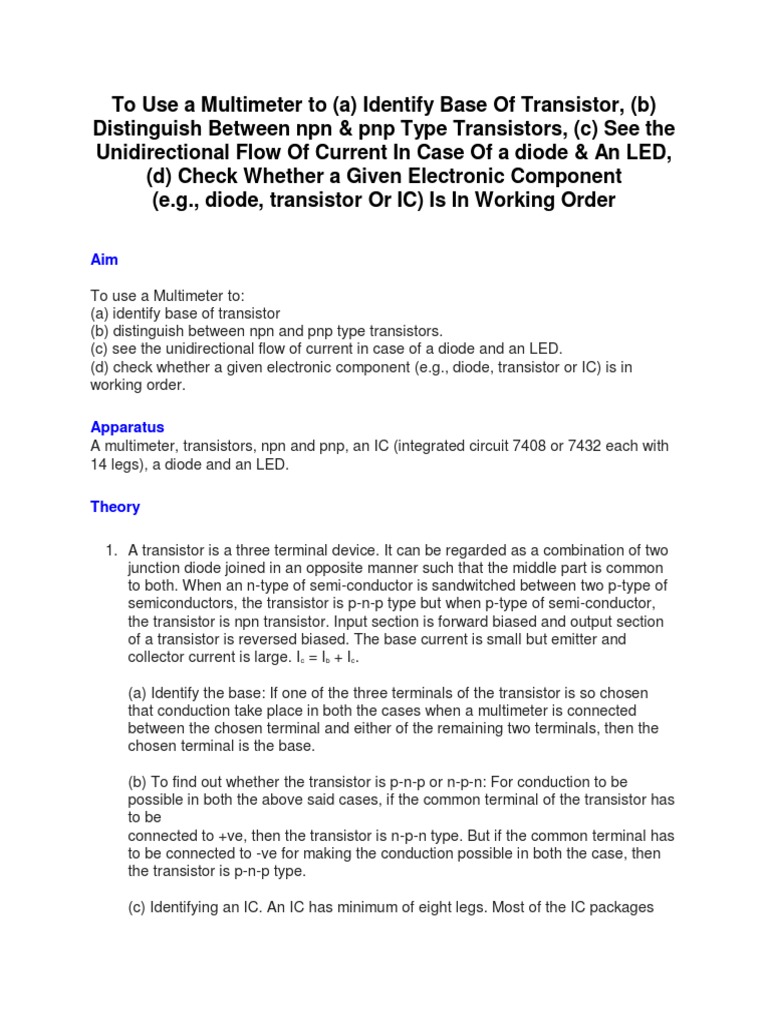 Transistor Identification with Multimeter | PDF | Bipolar Junction ...
