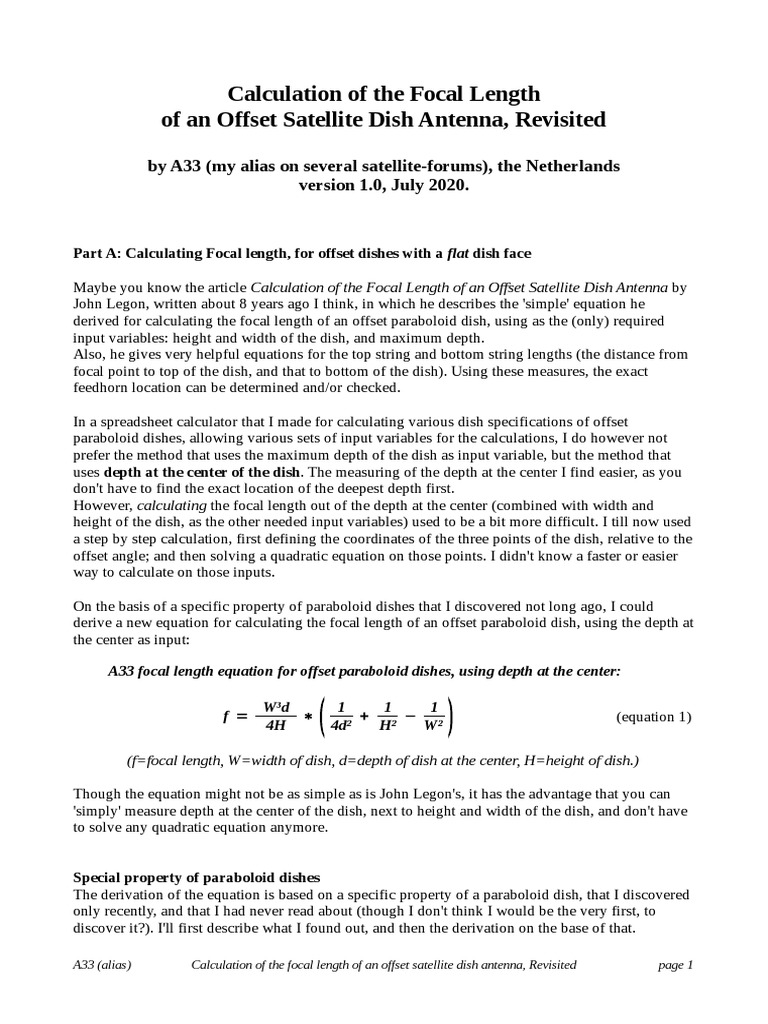 A33 Calculation of The Focal Length of An Offset Satellite Dish Antenna Revisited | PDF | Circle ...