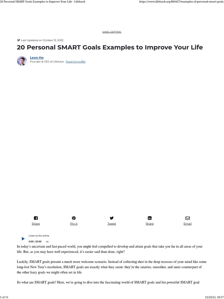 20 Personal SMART Goals Examples to Improve Your Life - Lifehack | PDF ...