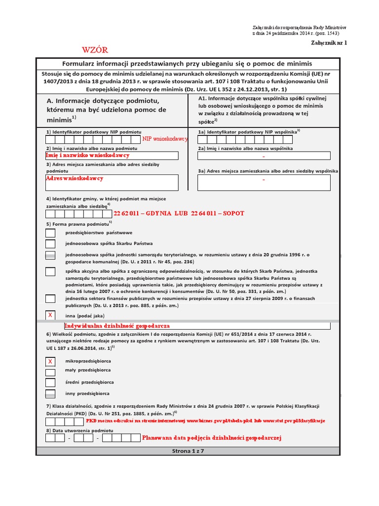 Wzór Wypełnienia Formularza de Minimis (Załącznik NR 1 Do Wniosku) | PDF