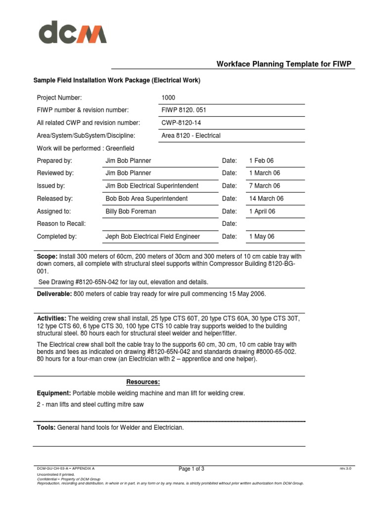 DCM-GU-CH-03-A Appendix A - Workface Plan Template (Electrical) | PDF