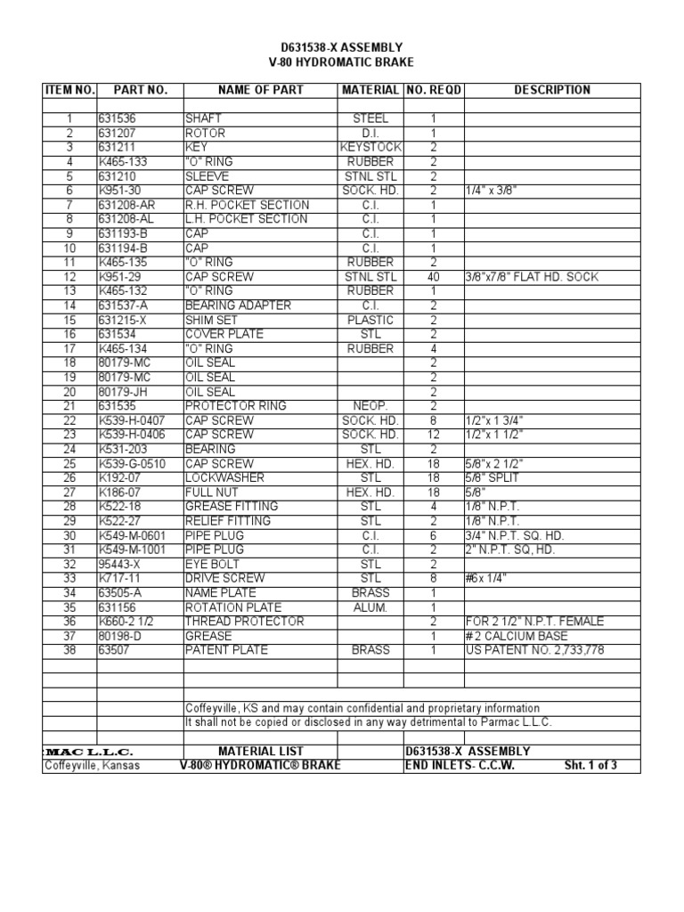Parmac V-80 Brake - Assy # D631538-X - Parts List | Download Free PDF | Screw | Mechanical ...