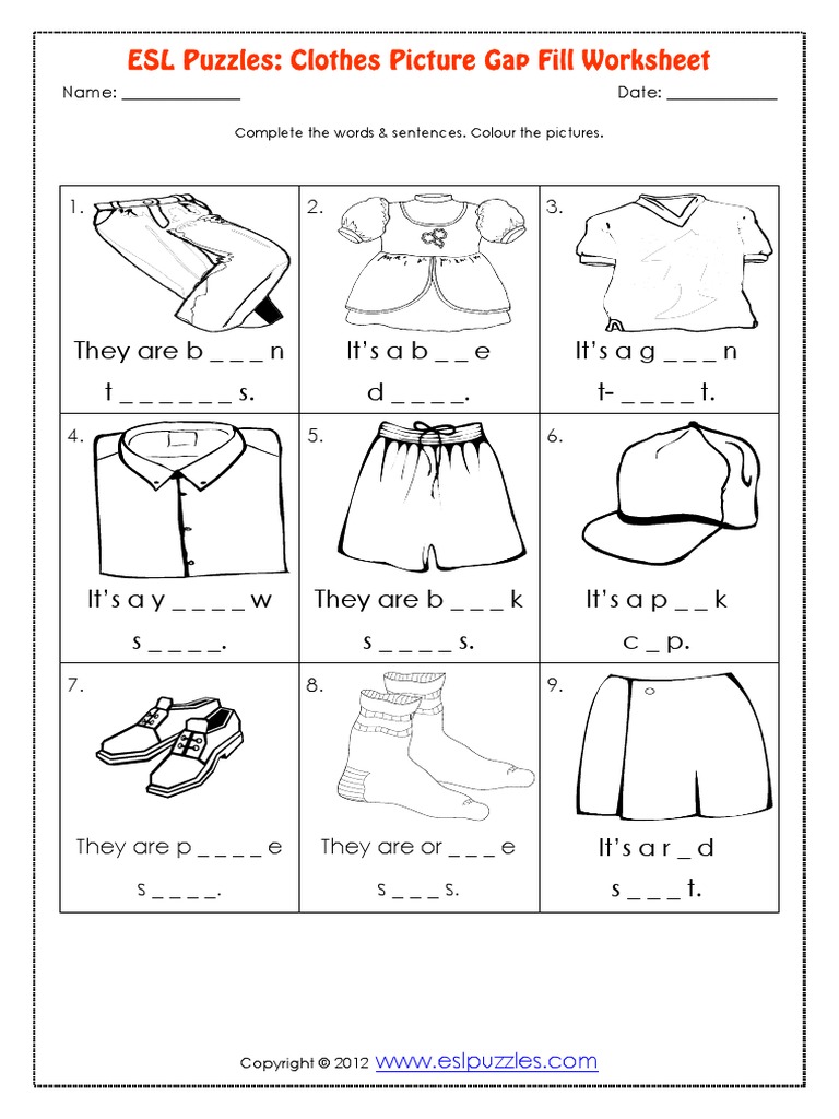 Clothes Picture Gap Fill Worksheet | PDF