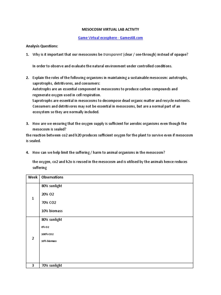 Mesocosm Virtual Lab Activty Worksheet | PDF
