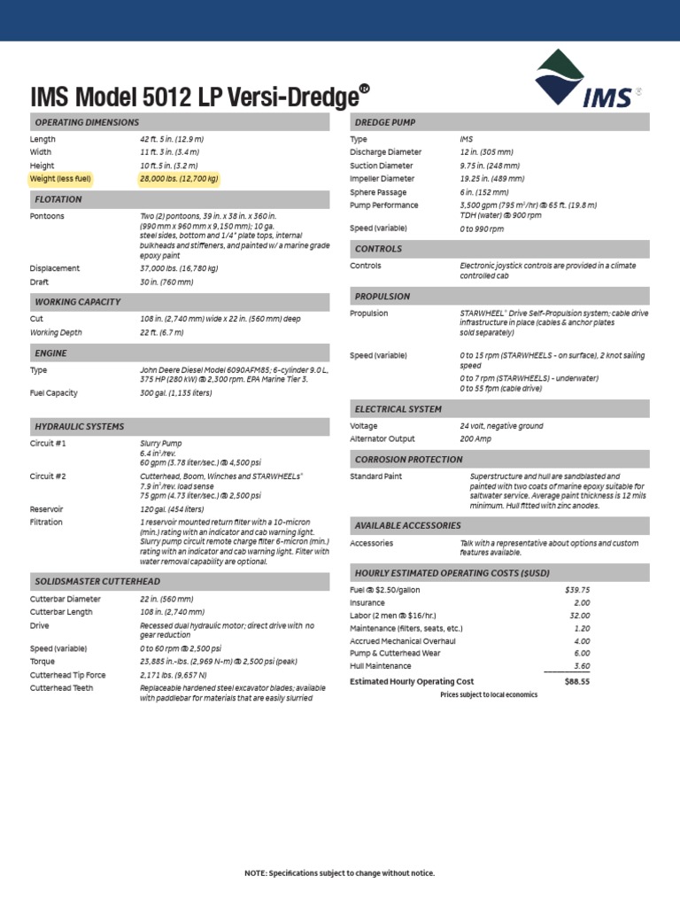 Model 5012 LP Versi Dredge Specs Master Spec Sheet 2022 | PDF ...